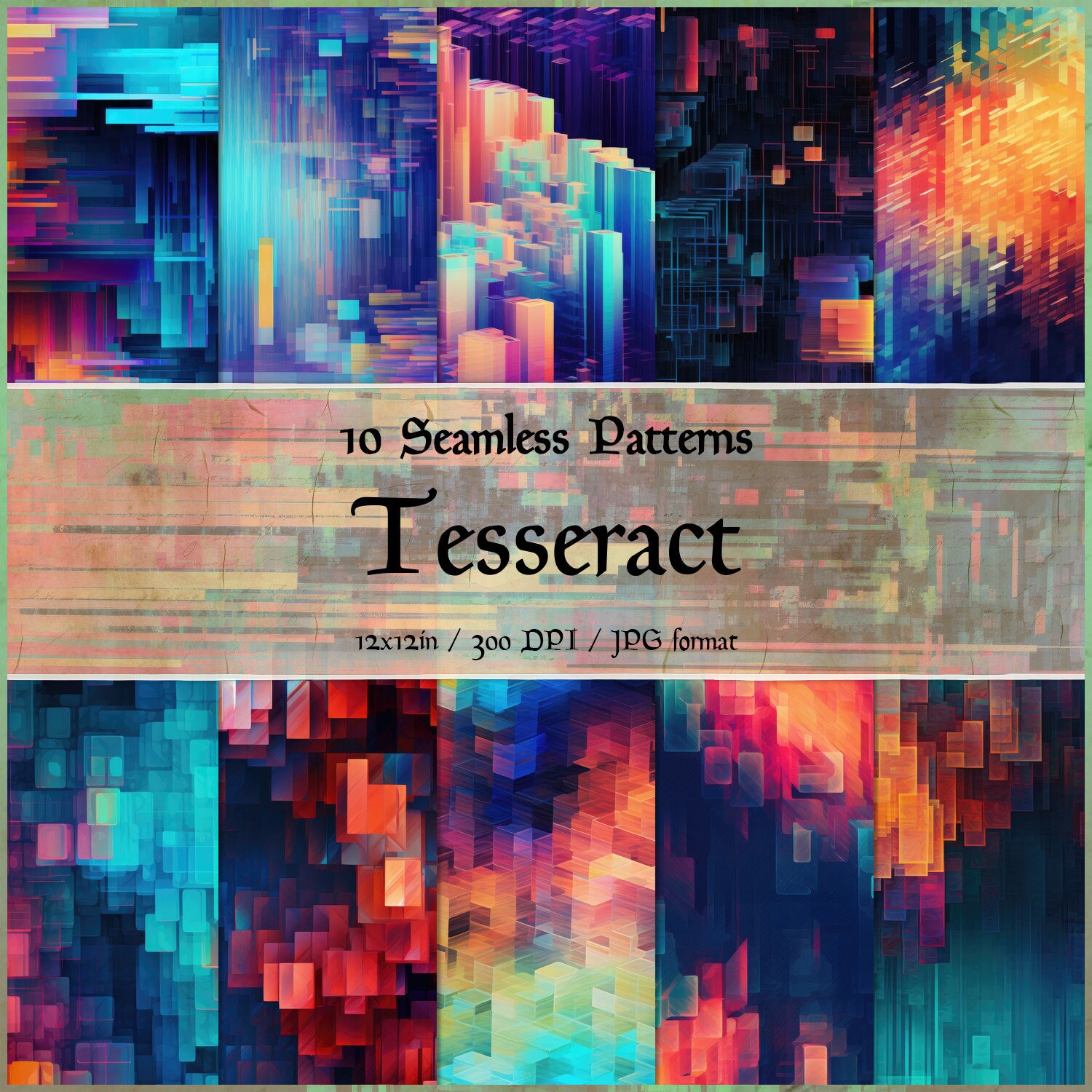 Glitch Art Tesseract Seamless Patterns, Digital Paper, Scifi Patterns ...