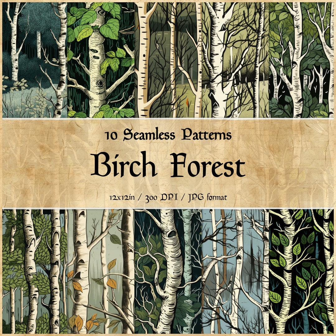 Medieval Birch Forest Seamless Patterns, Digital Paper, Woodcut ...