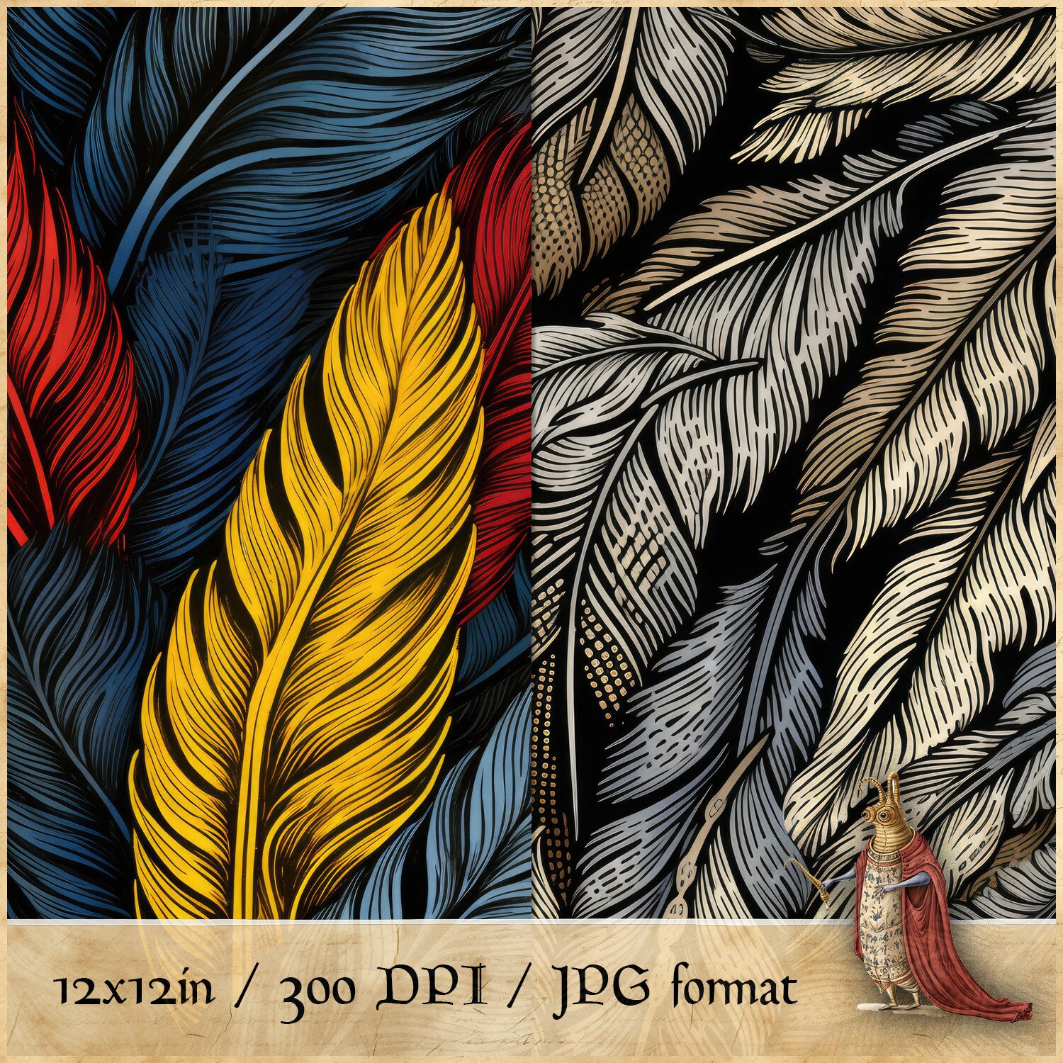 Medieval Feathers Seamless Patterns, Digital Paper, Woodcut Patterns ...