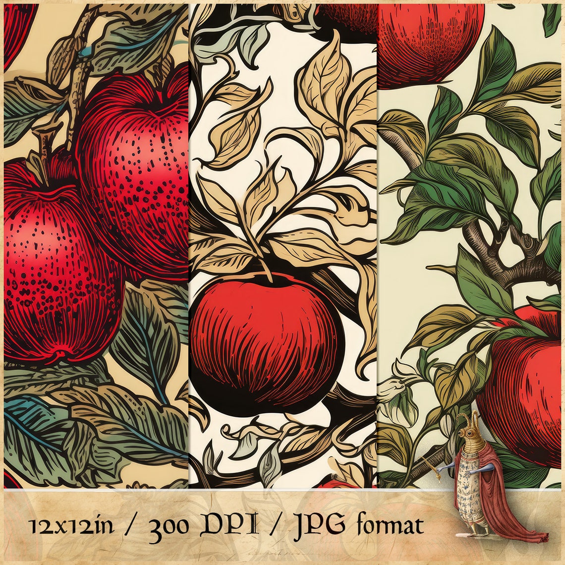 Medieval Apple Seamless Patterns Digital Paper Woodcut - Etsy