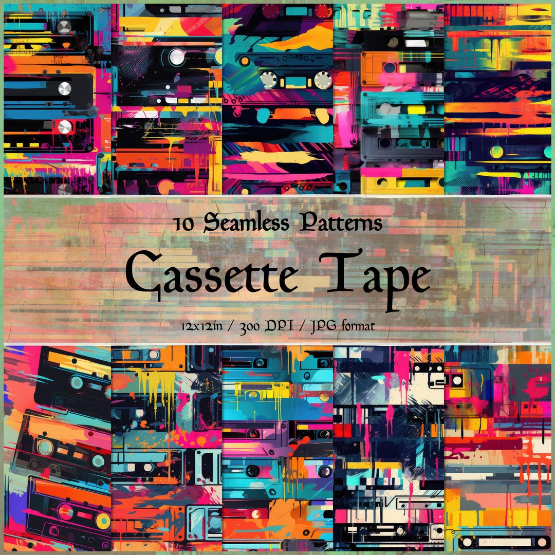 Glitch Art Cassette Tape Seamless Patterns, Digital Paper, Scifi ...