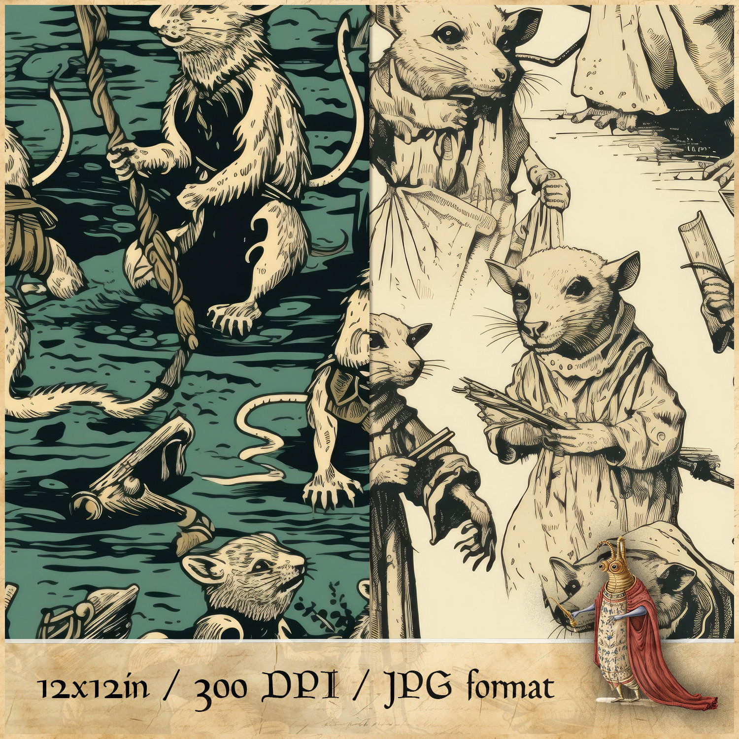 Medieval Plague Rat Seamless Patterns, Digital Paper, Woodcut Patterns ...