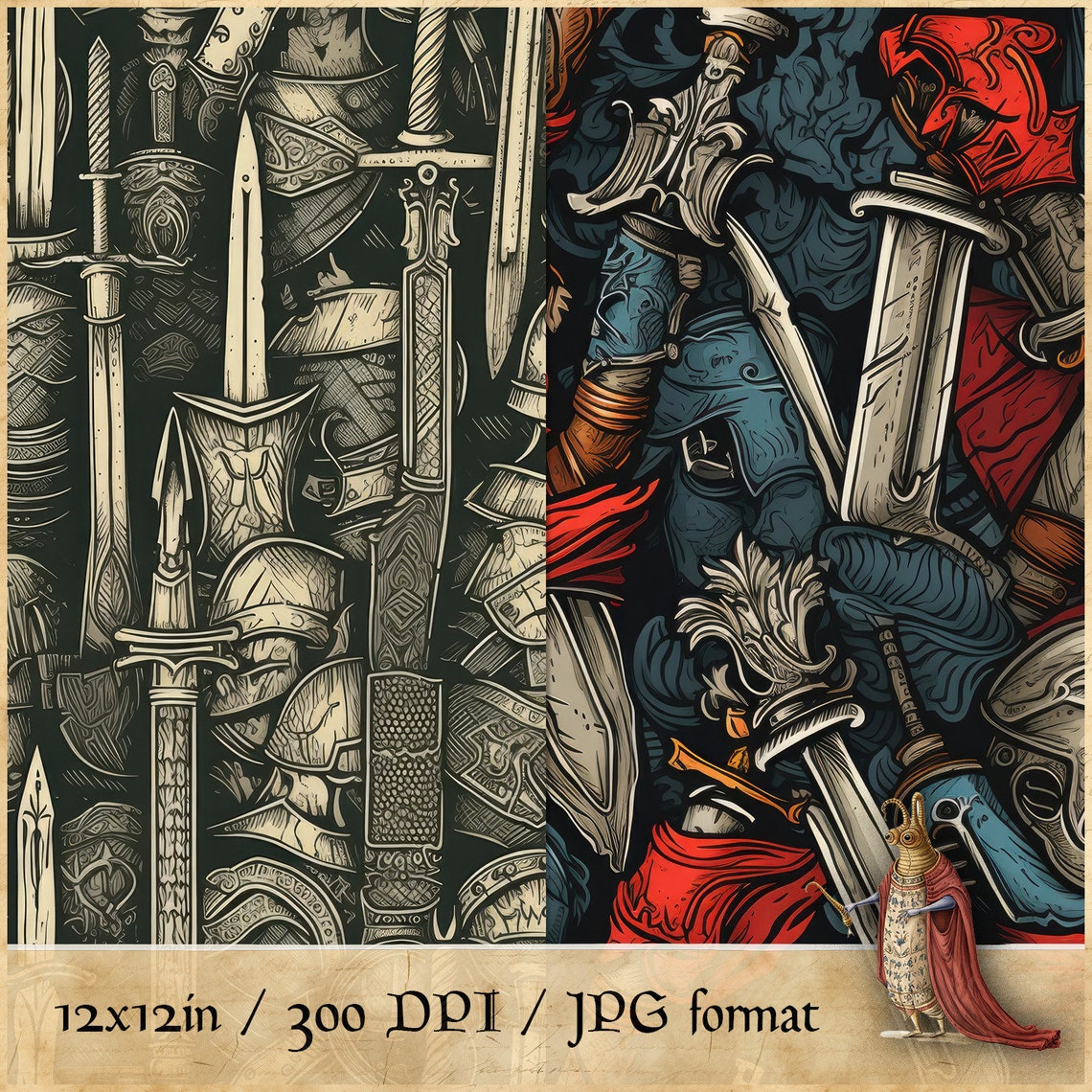 Medieval Swords and Shields Seamless Patterns, Digital Paper, Woodcut ...