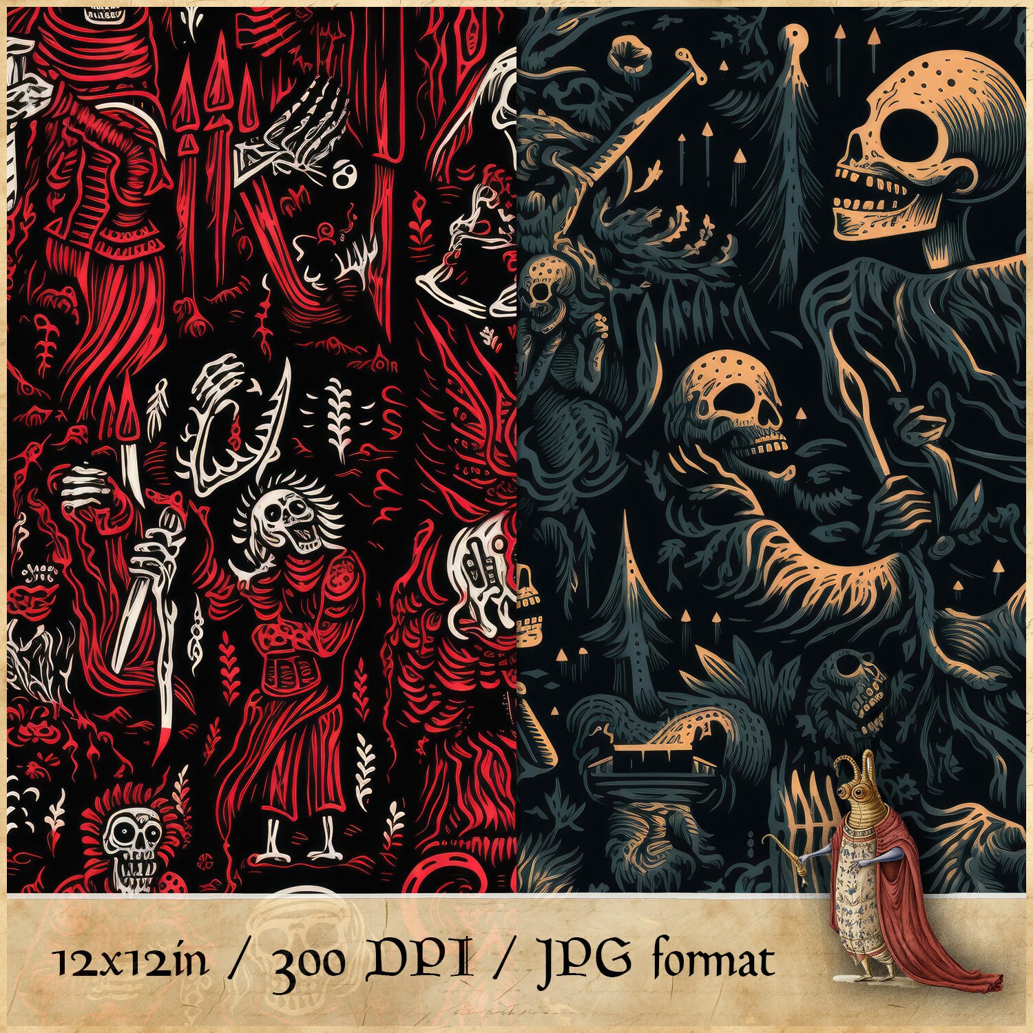 Medieval Fears Seamless Patterns, Digital Paper, Woodcut Patterns ...