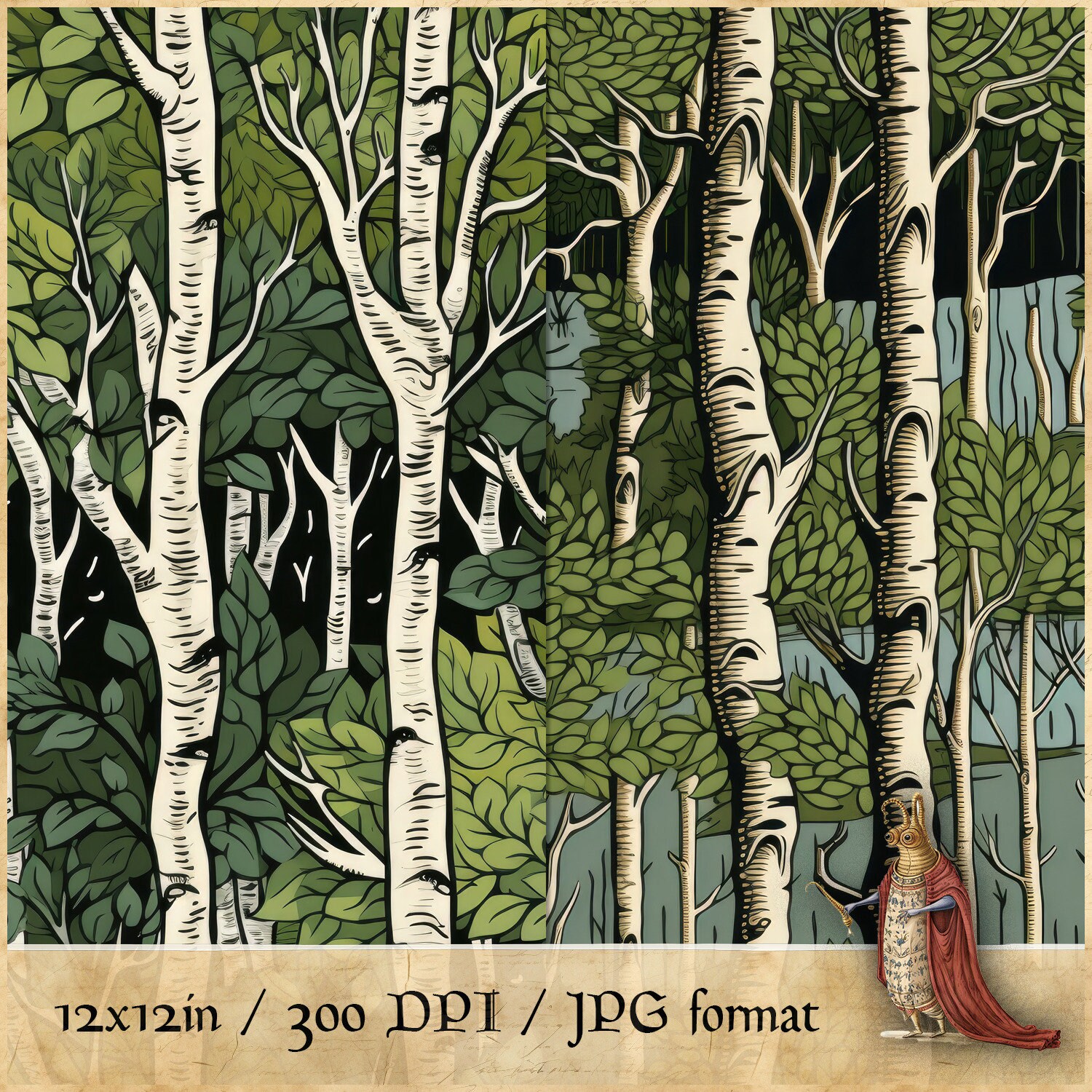 Medieval Birch Forest Seamless Patterns, Digital Paper, Woodcut ...