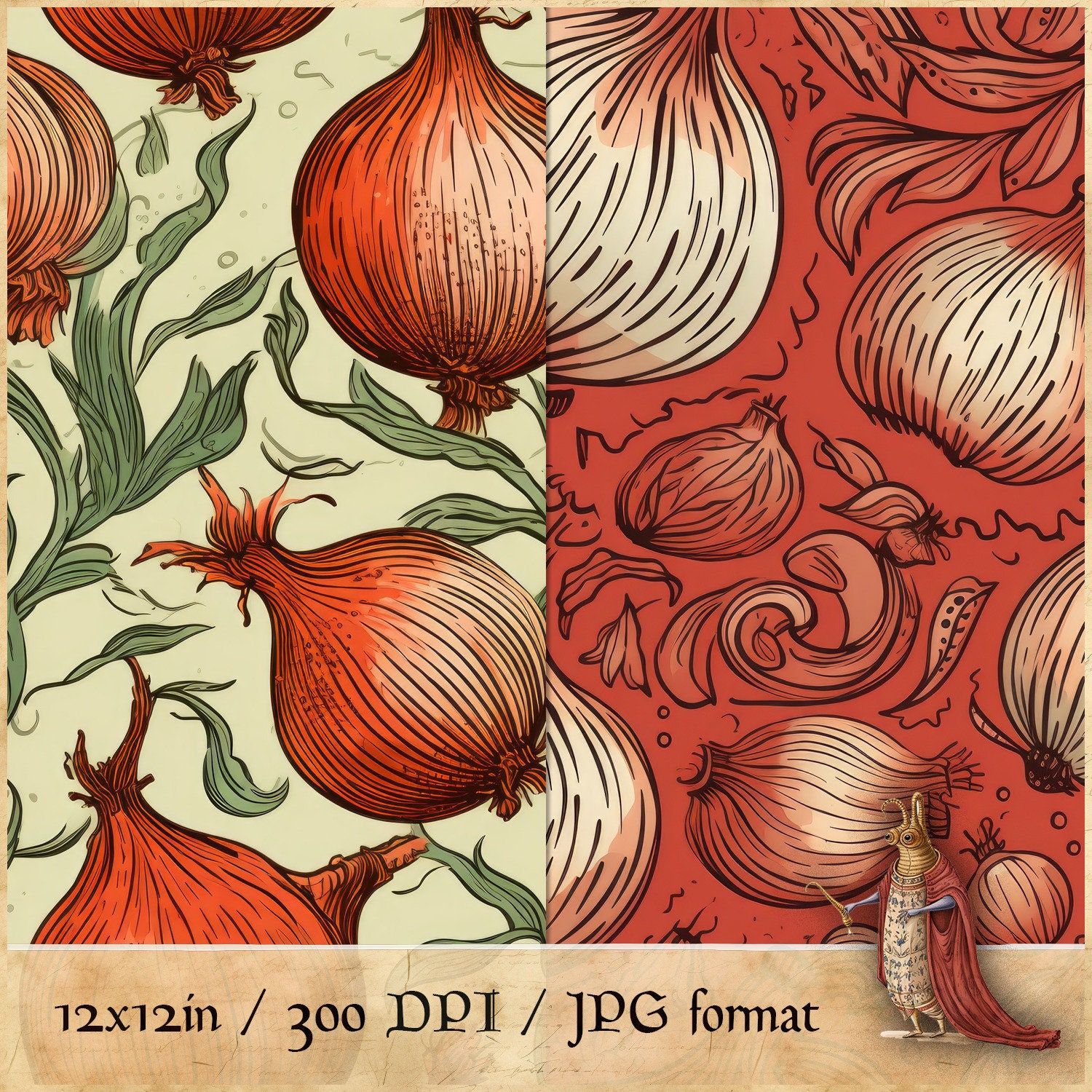 Medieval Onion Seamless Patterns, Digital Paper, Woodcut Patterns ...