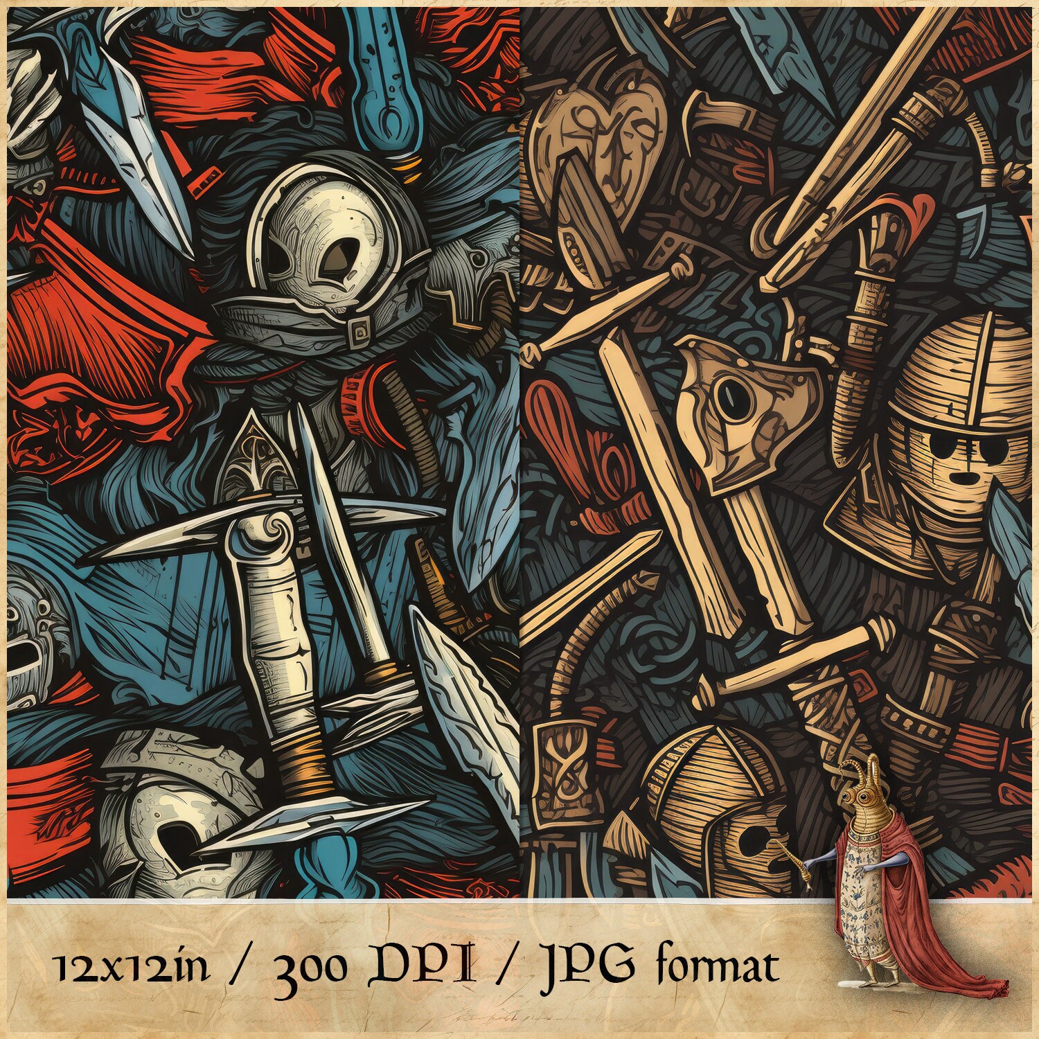 Medieval Swords and Shields Seamless Patterns, Digital Paper, Woodcut ...