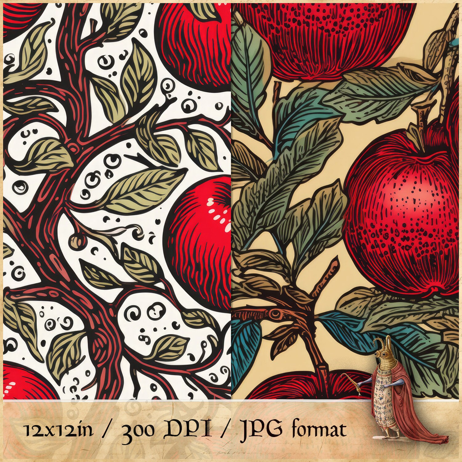 Medieval Apple Seamless Patterns, Digital Paper, Woodcut Patterns ...