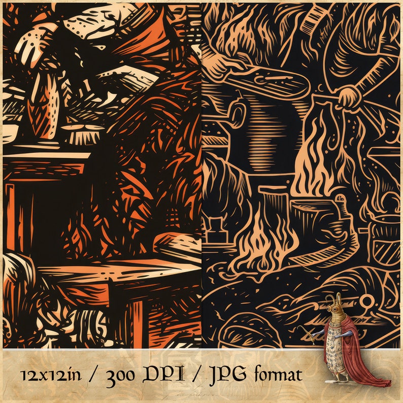 Medieval Blacksmith Seamless Patterns, Digital Paper, Woodcut Patterns ...