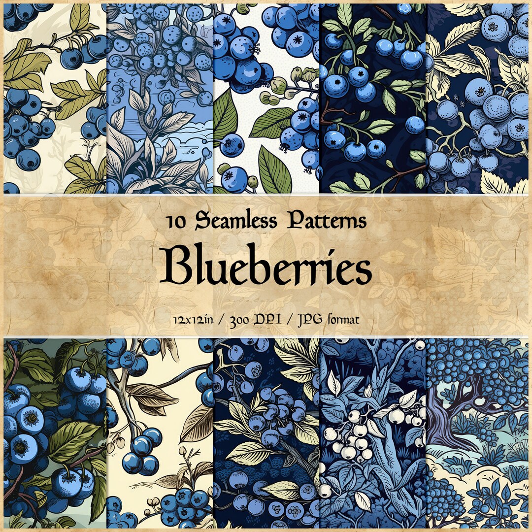 Medieval Blueberries Seamless Patterns, Digital Paper, Woodcut Patterns ...