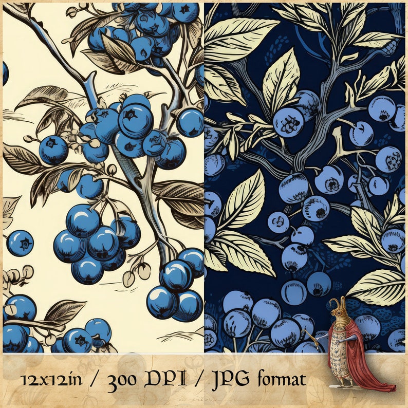Medieval Blueberries Seamless Patterns, Digital Paper, Woodcut Patterns ...