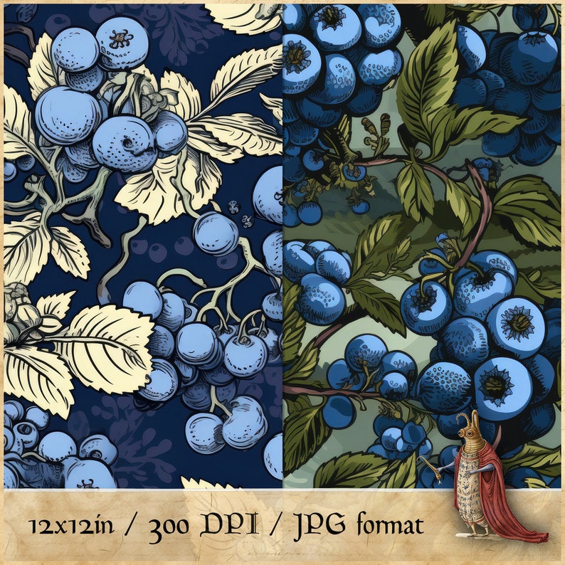 Medieval Blueberries Seamless Patterns, Digital Paper, Woodcut Patterns ...