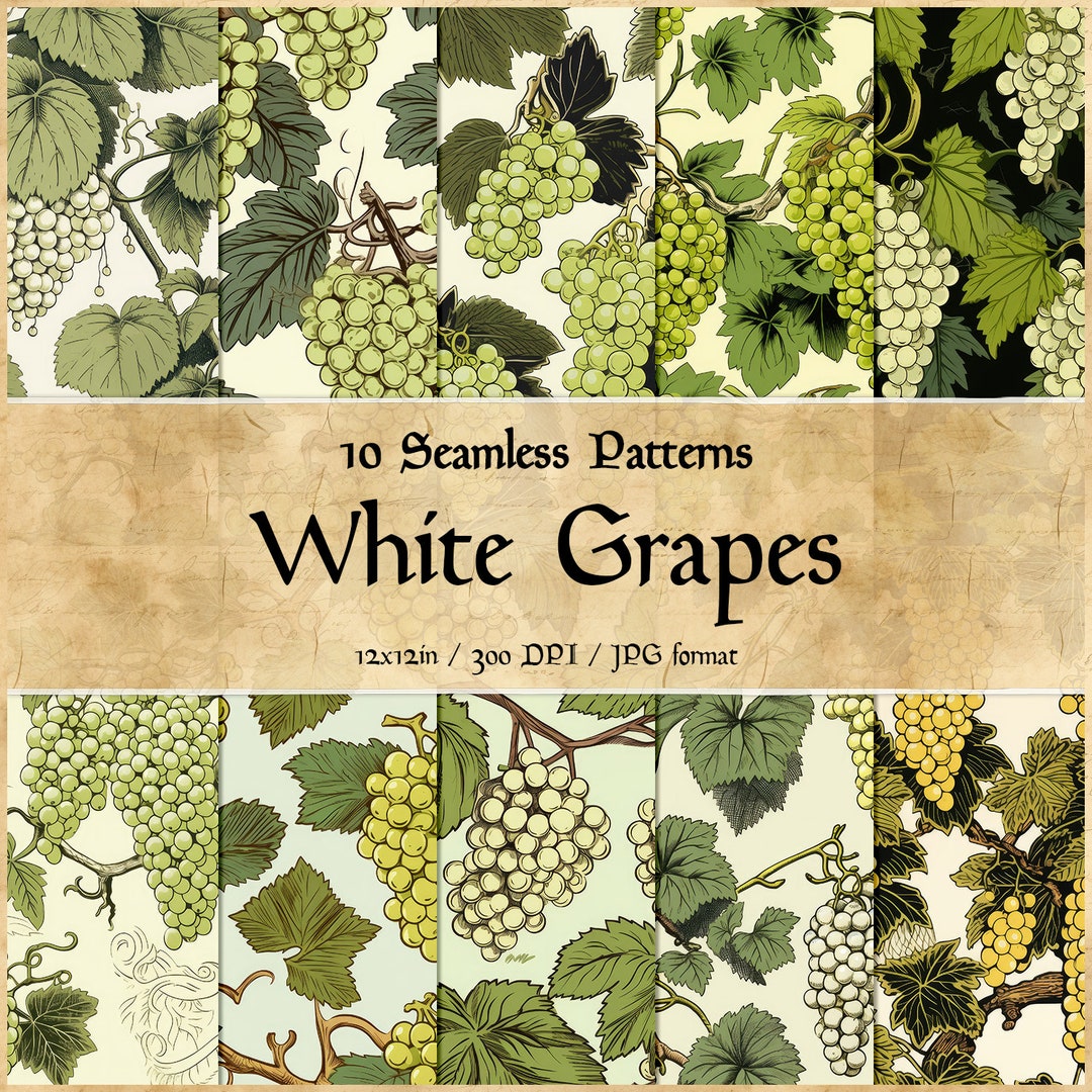 Medieval White Grapes Seamless Patterns, Digital Paper, Woodcut ...