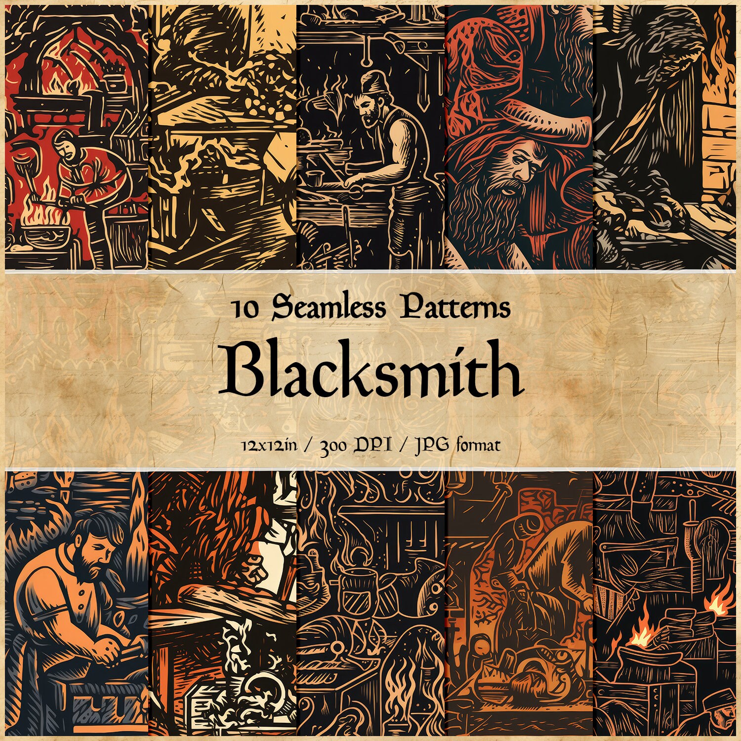 Medieval Blacksmith Seamless Patterns, Digital Paper, Woodcut Patterns ...