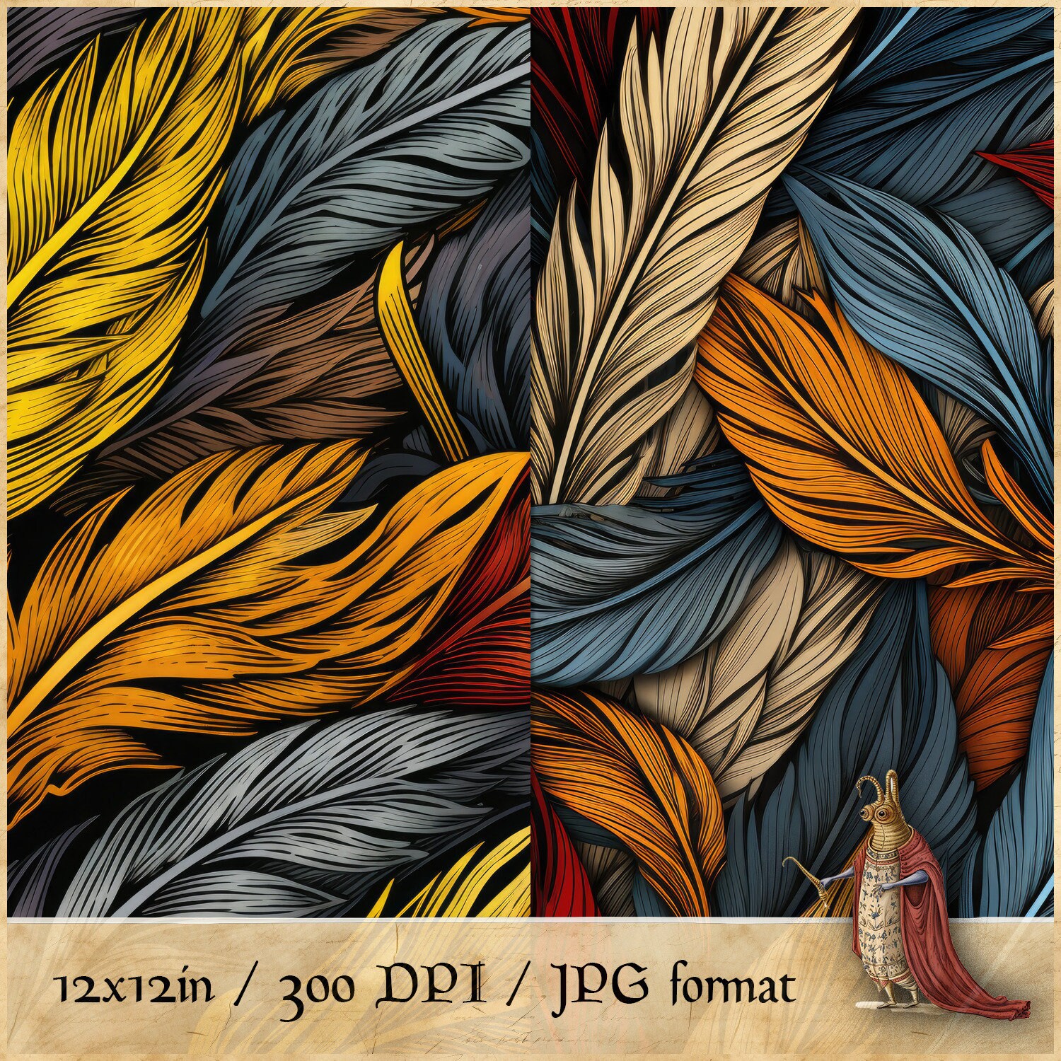 Medieval Feathers Seamless Patterns, Digital Paper, Woodcut Patterns ...