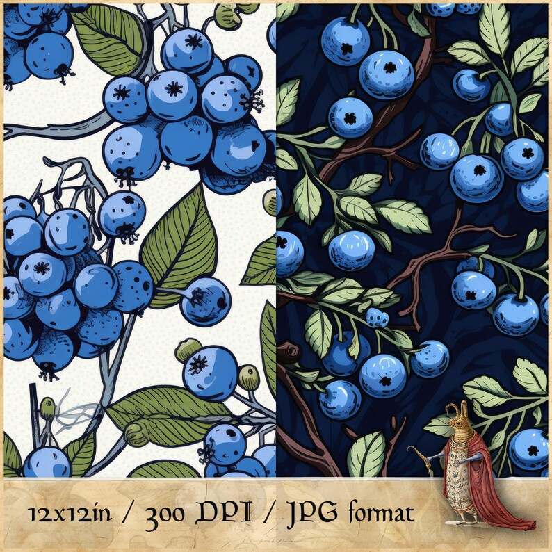 Medieval Blueberries Seamless Patterns, Digital Paper, Woodcut Patterns ...