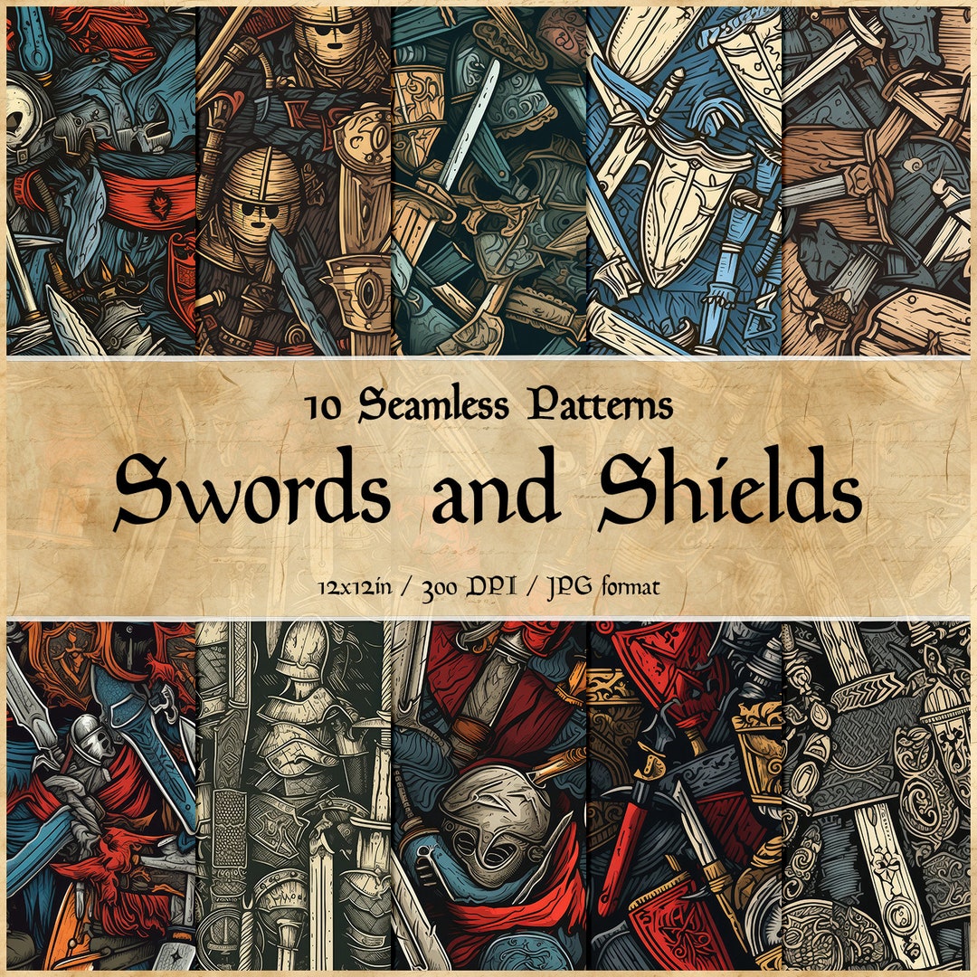 Medieval Swords and Shields Seamless Patterns, Digital Paper, Woodcut ...