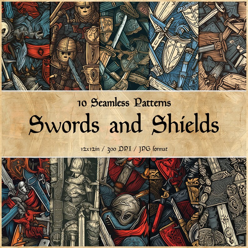 Medieval Swords and Shields Seamless Patterns, Digital Paper, Woodcut ...