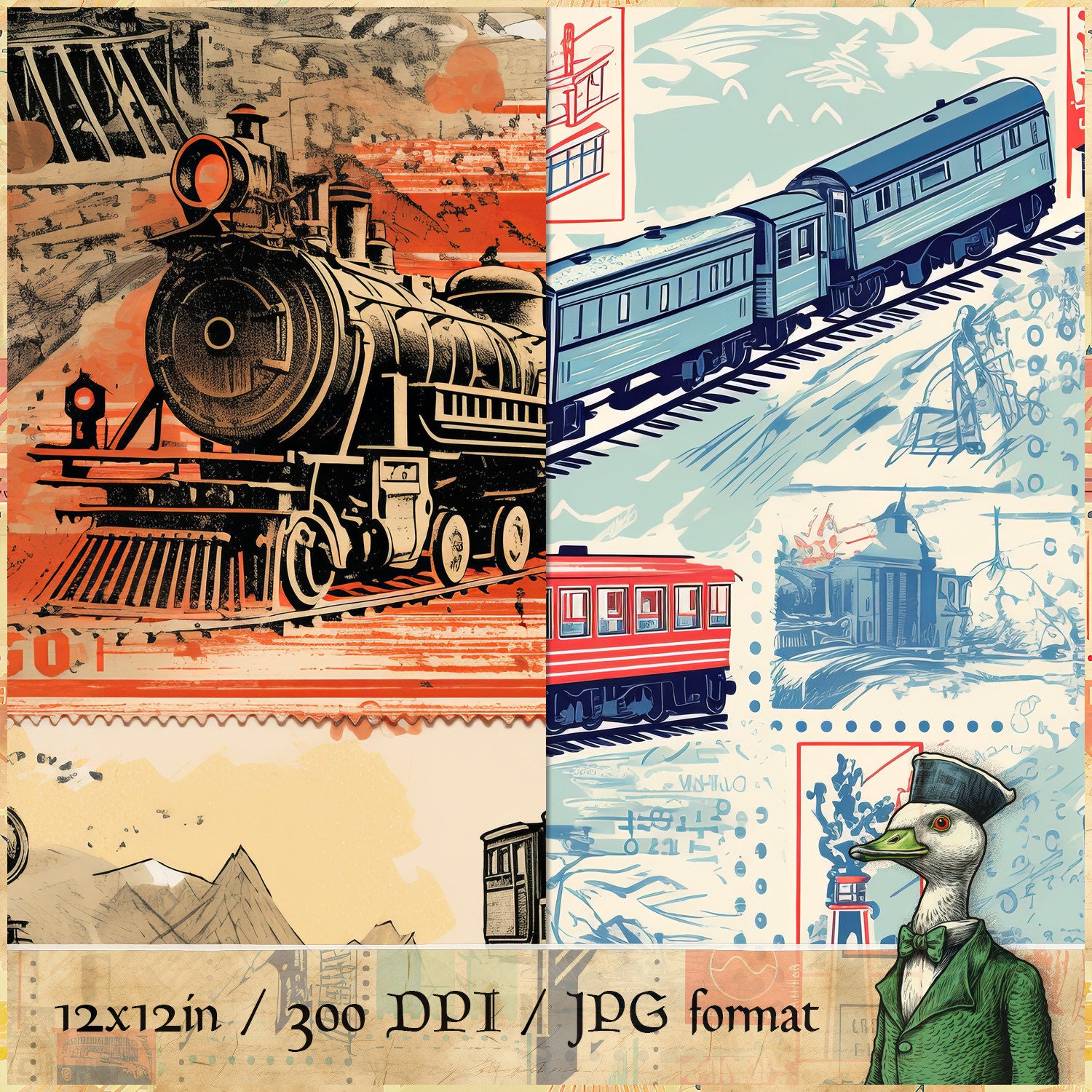 Stamp Train Seamless Patterns, Digital Paper, Stamp Patterns, Printable ...