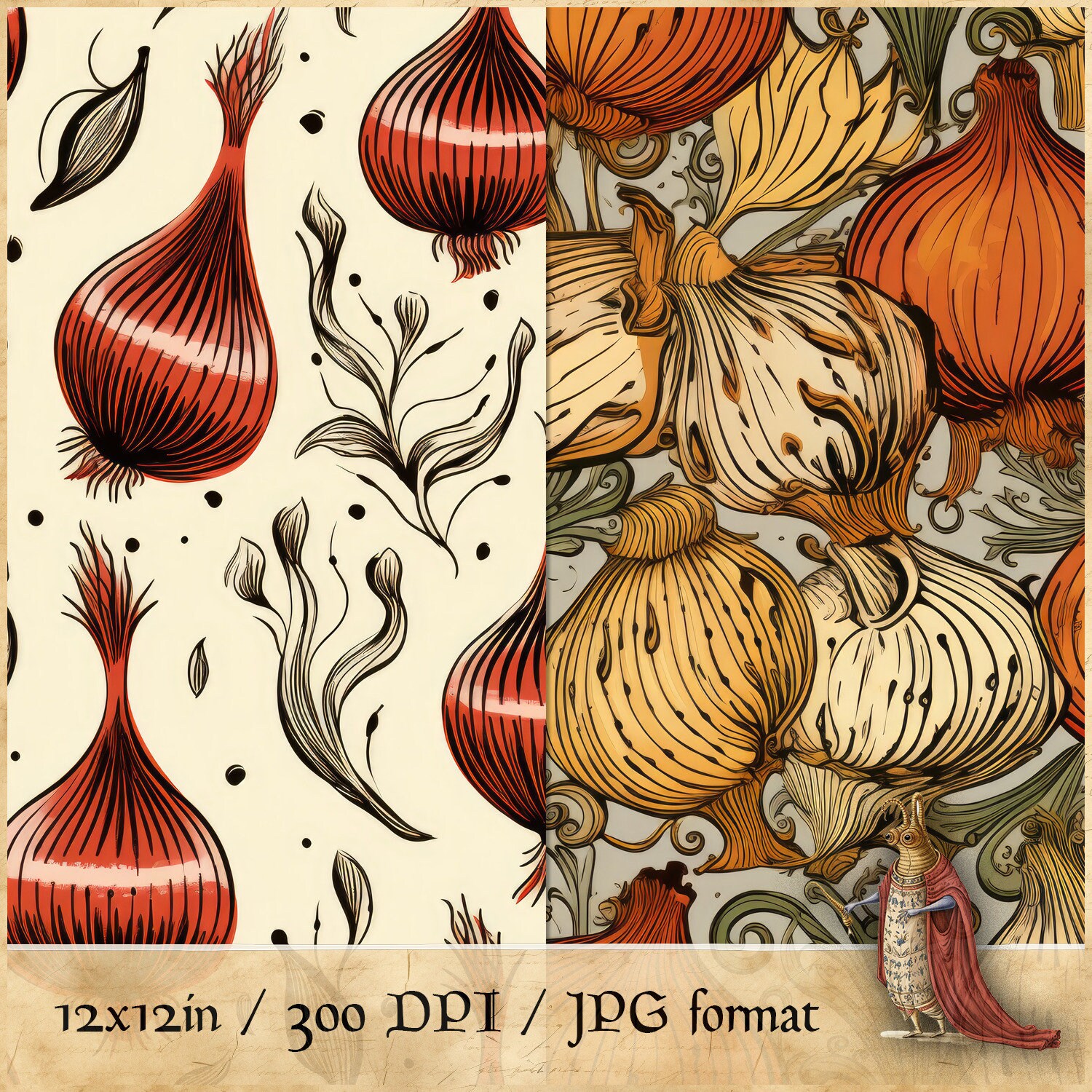 Medieval Onion Seamless Patterns, Digital Paper, Woodcut Patterns ...