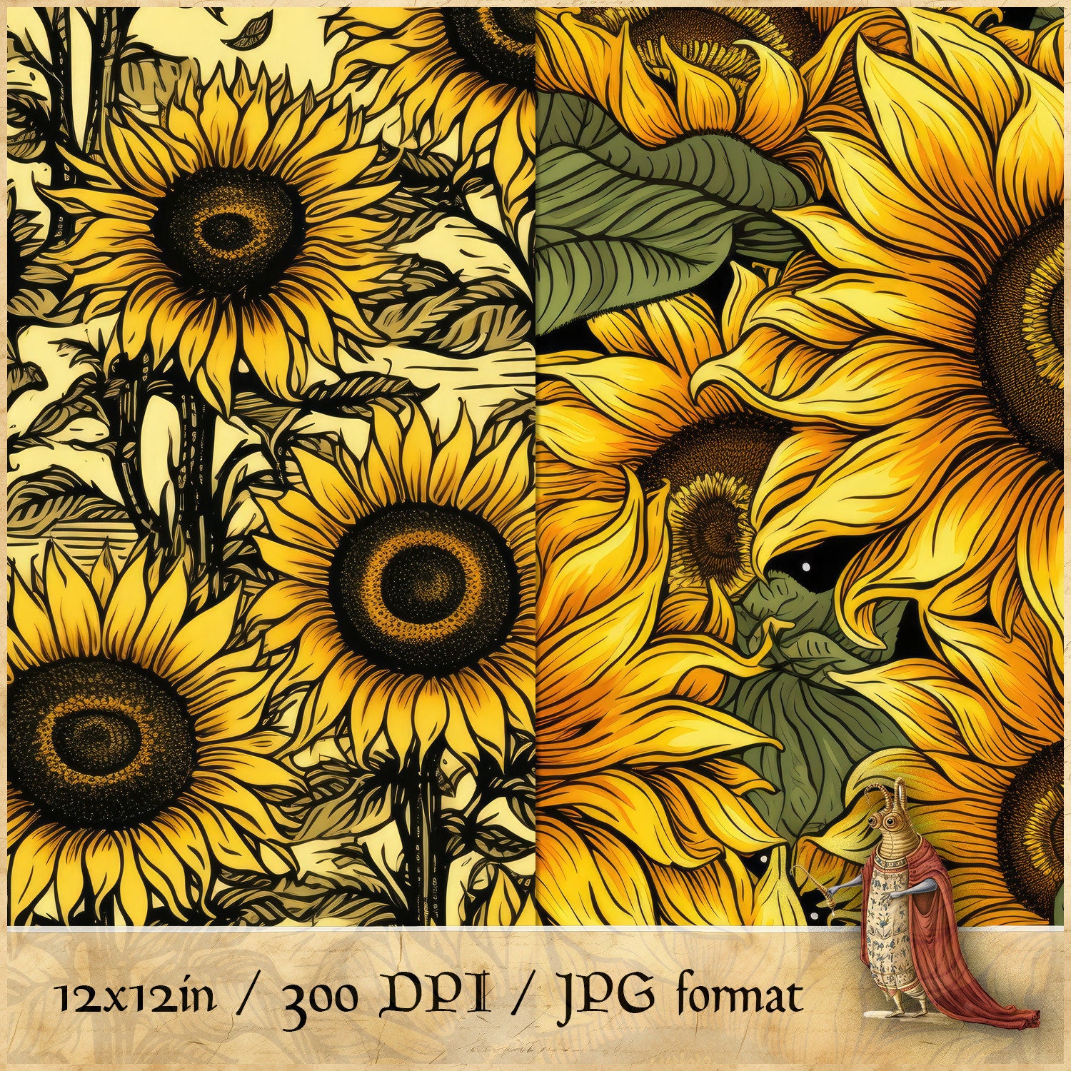 Medieval Sunflower Patterns, Digital Paper, Woodcut Patterns, Printable ...