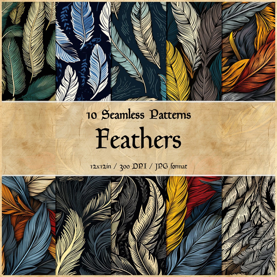 Medieval Feathers Seamless Patterns, Digital Paper, Woodcut Patterns ...