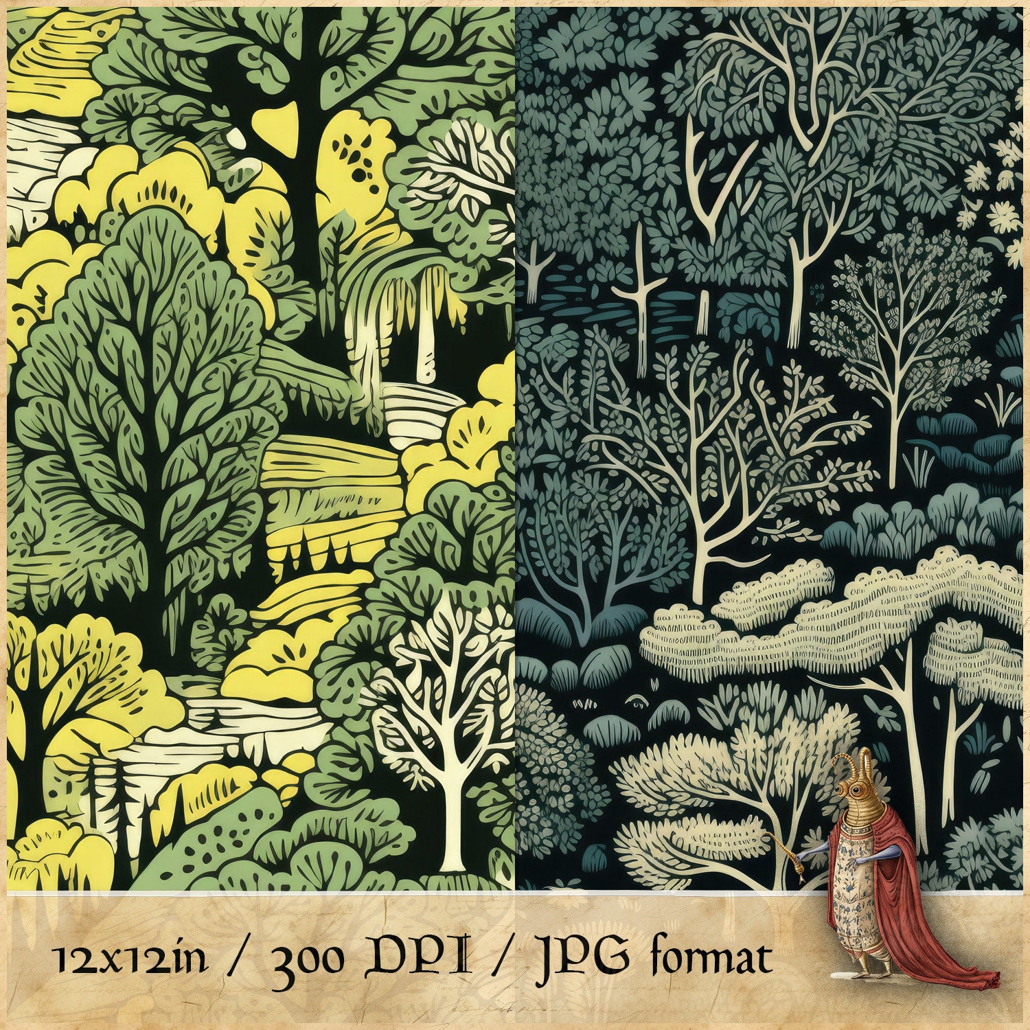 Medieval Forest Seamless Patterns, Digital Paper, Woodcut Patterns ...