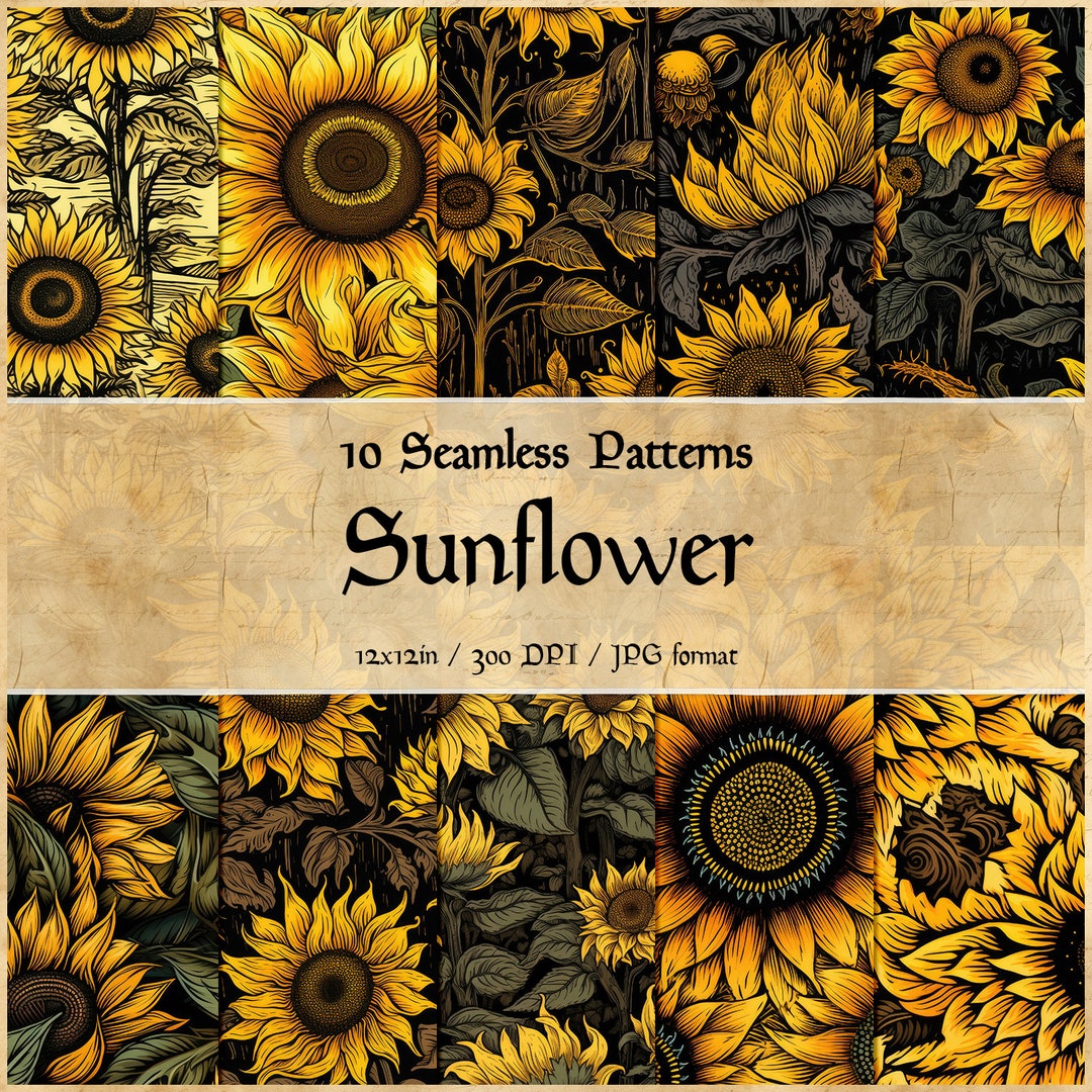 Medieval Sunflower Patterns, Digital Paper, Woodcut Patterns, Printable ...
