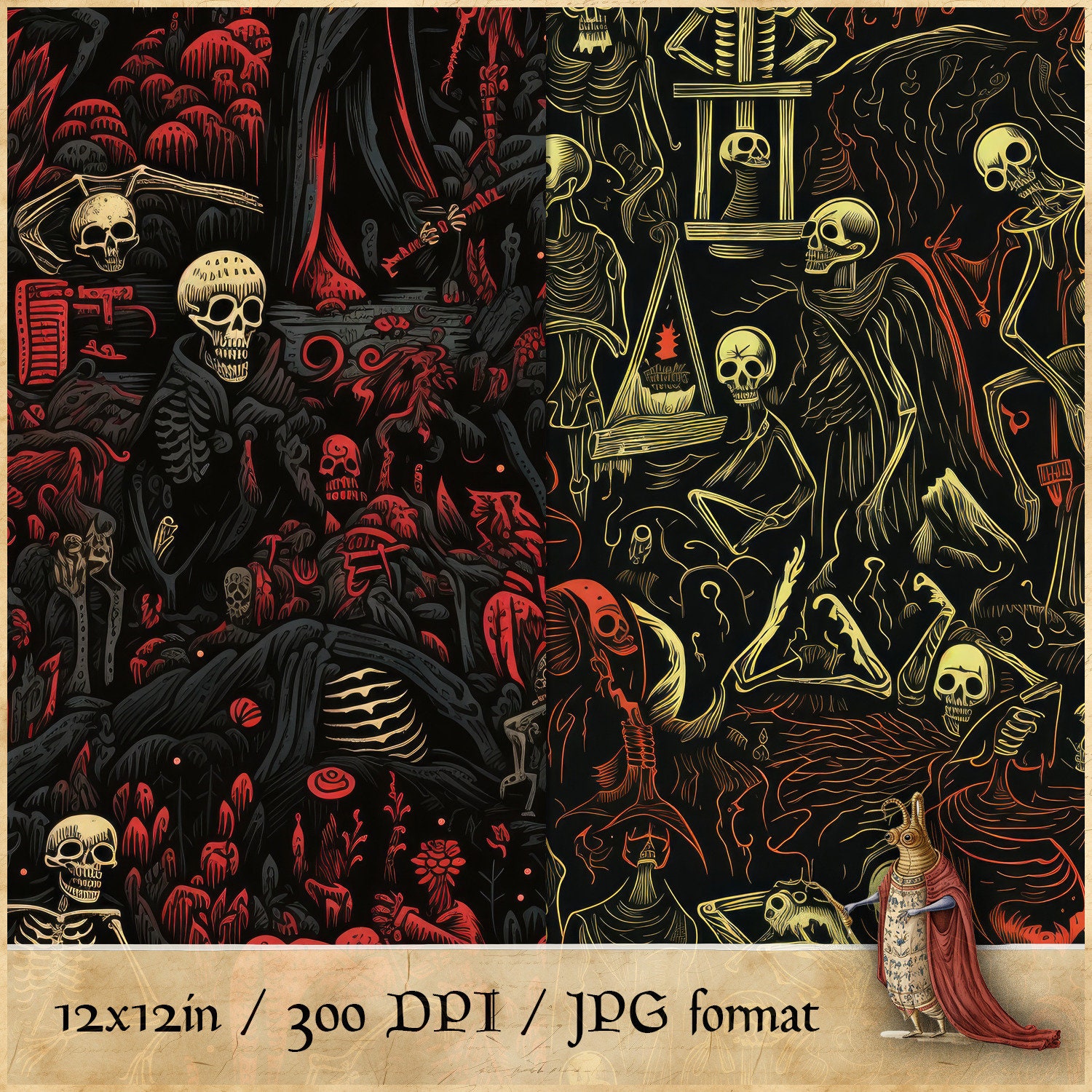 Medieval Fears Seamless Patterns, Digital Paper, Woodcut Patterns ...