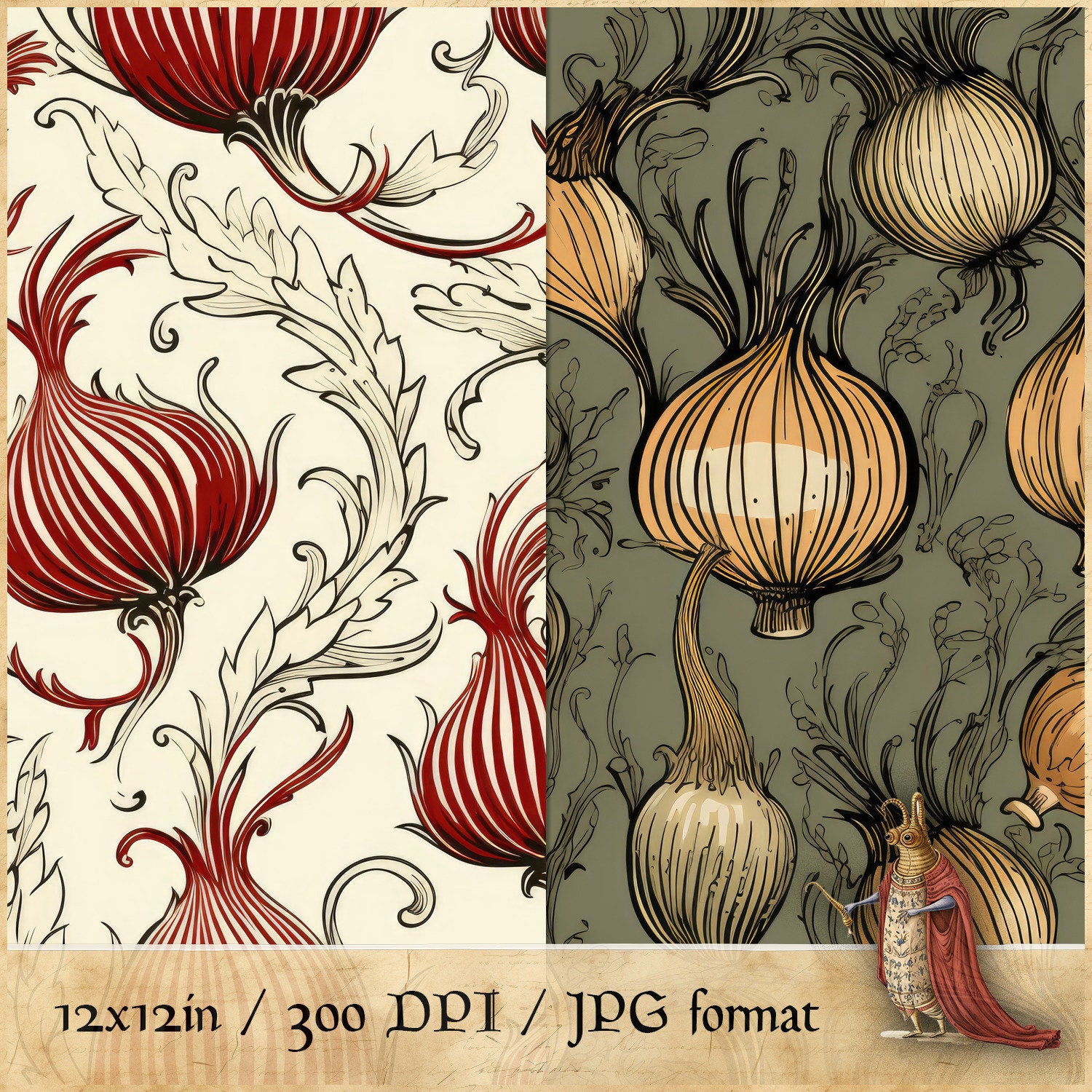 Medieval Onion Seamless Patterns, Digital Paper, Woodcut Patterns ...