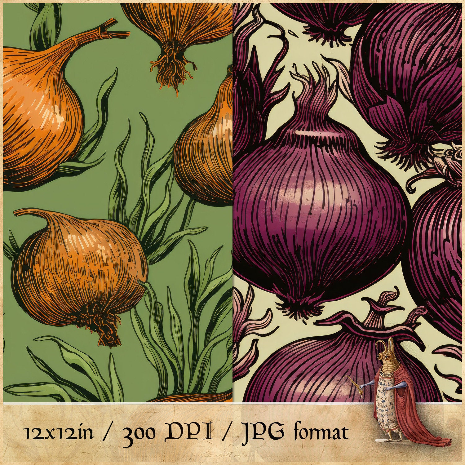 Medieval Onion Seamless Patterns, Digital Paper, Woodcut Patterns ...