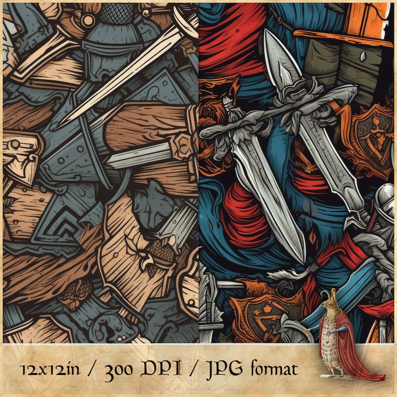 Medieval Swords and Shields Seamless Patterns, Digital Paper, Woodcut ...