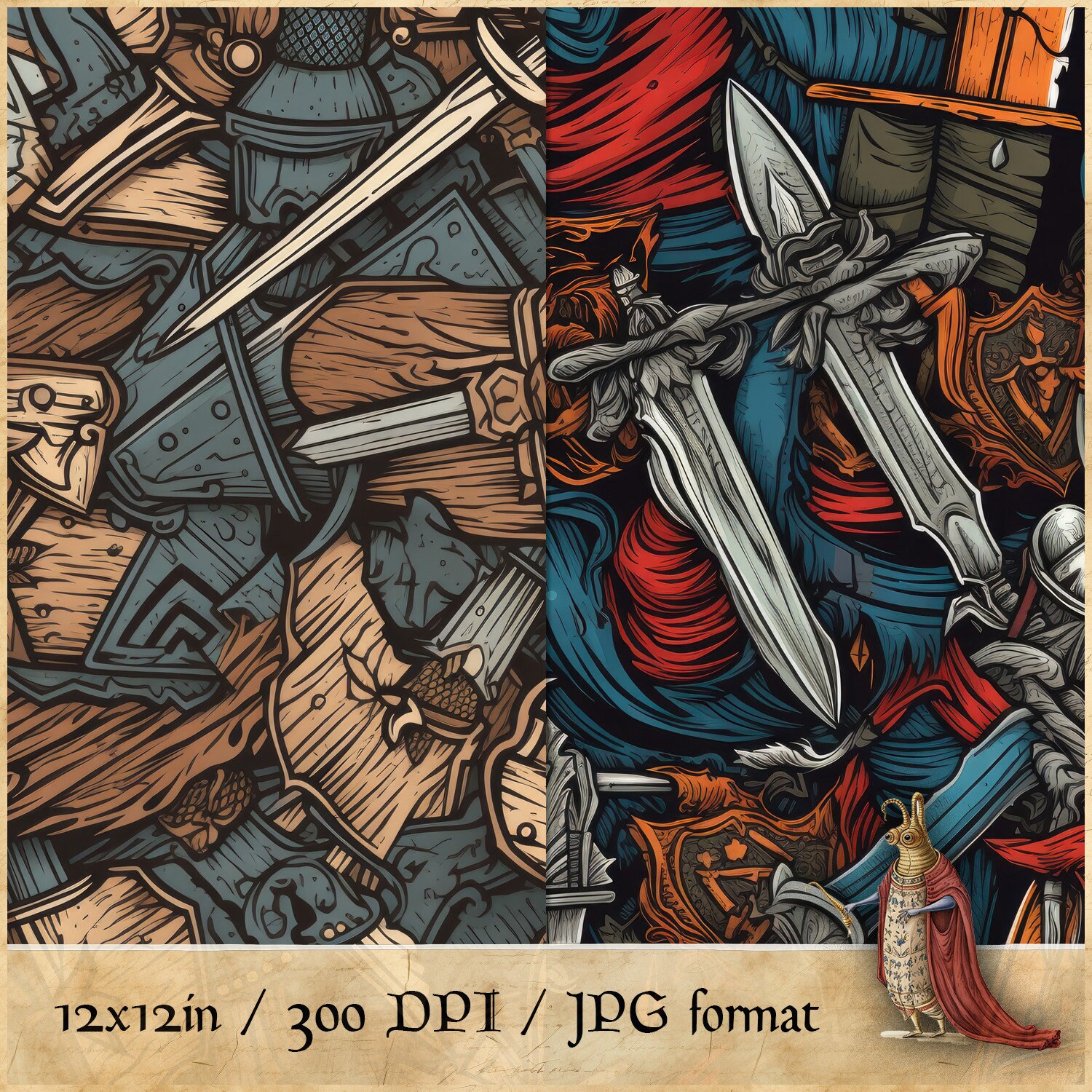 Medieval Swords and Shields Seamless Patterns, Digital Paper, Woodcut ...