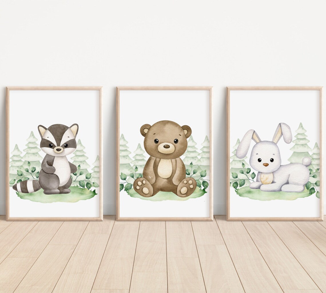 Woodland Animals Prints, Nursery Wall Art, Neutral Kids Room Decor ...