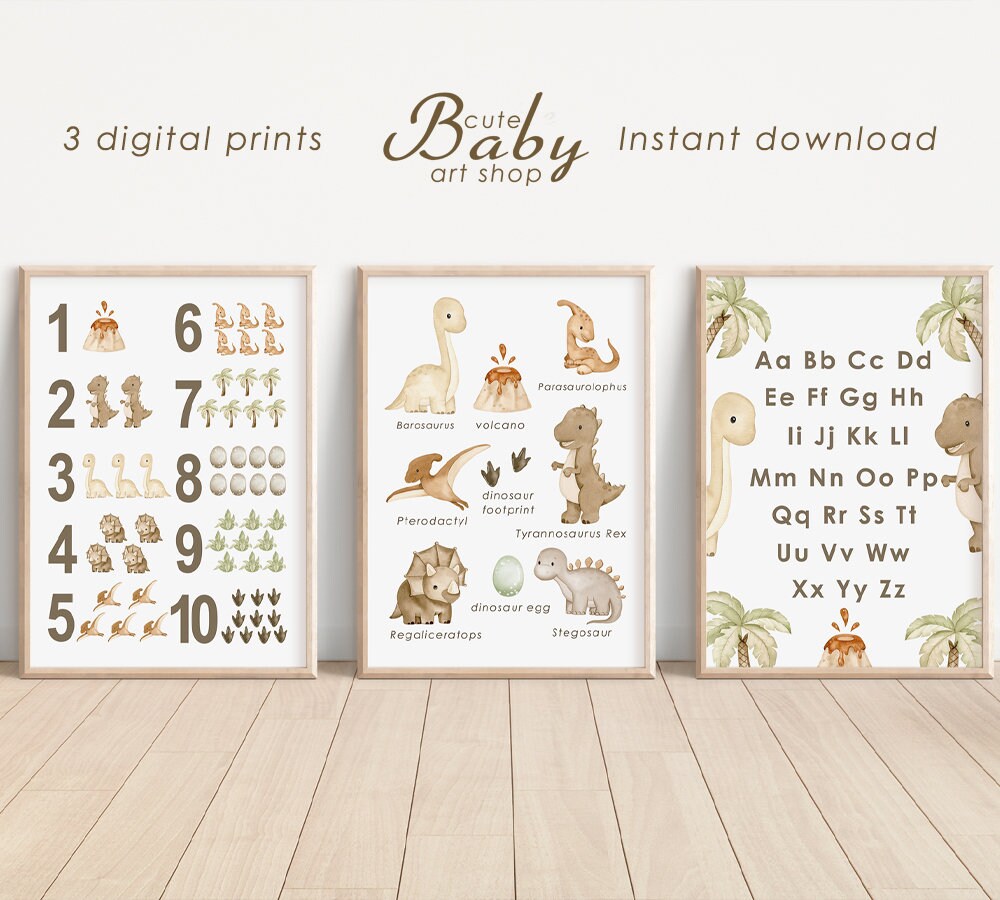 Educational Dinosaurs Prints, Preschool Poster, Dino Alphabet, Numbers ...