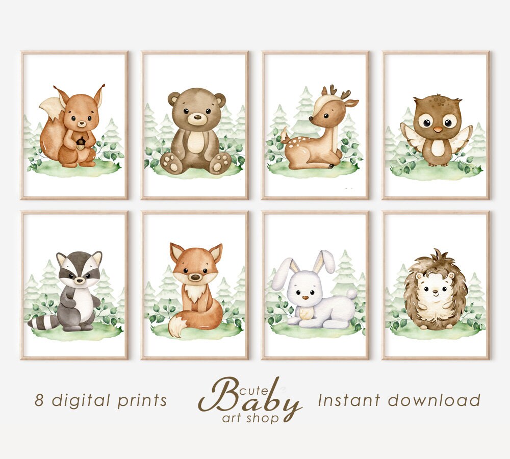 Woodland Animals Prints, Nursery Wall Art, Neutral Kids Room Decor ...