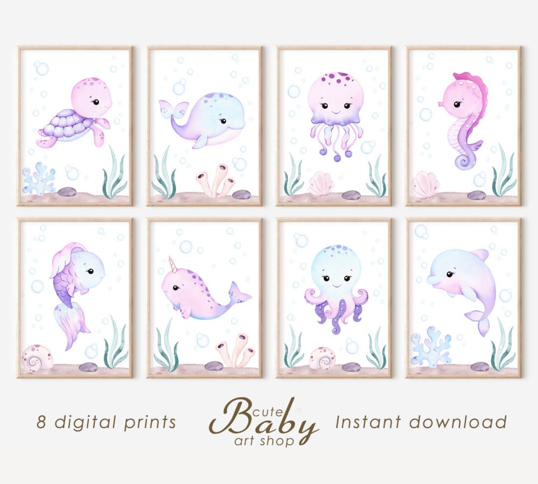 Rainbow Undersea Prints, Cute Ocean Animals, Nautical Poster, Undersea ...