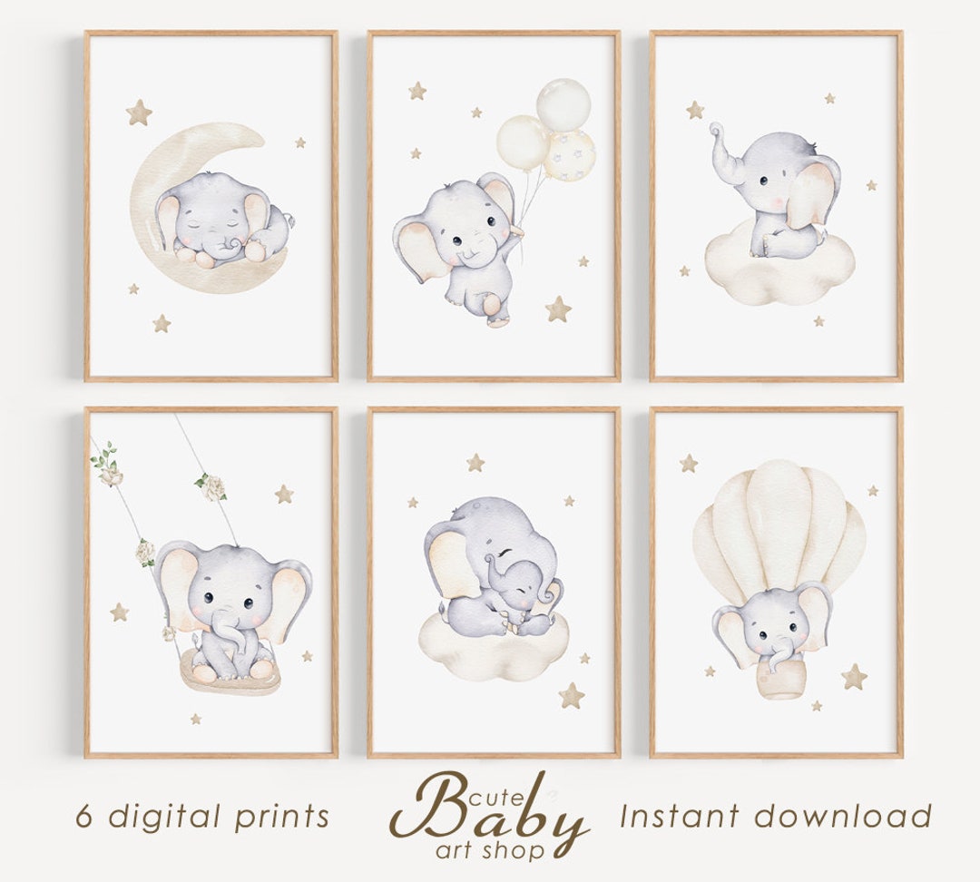 Elephant Nursery Print, Neutral Kids Decor, Cute Elephants Poster ...