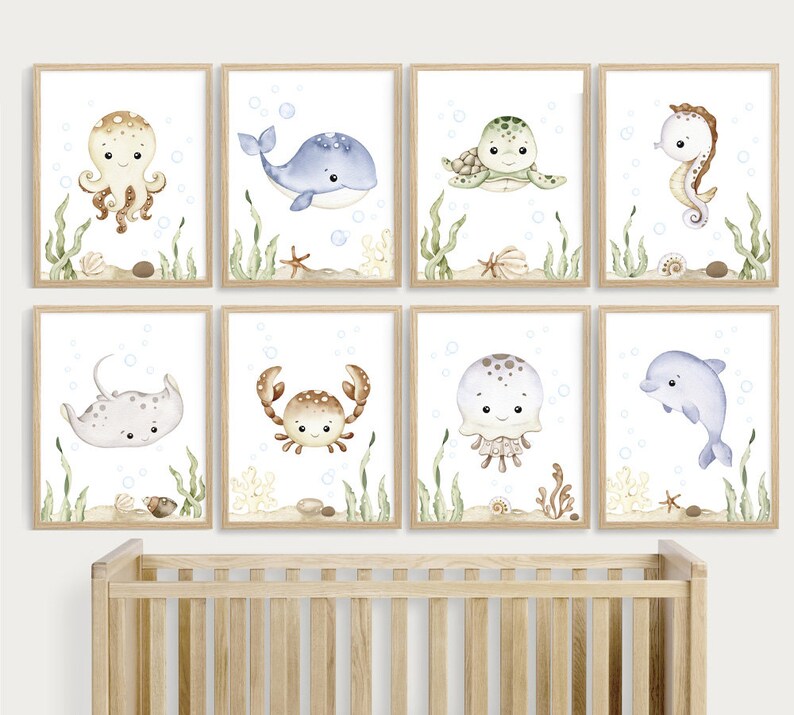 Neutral Under the Sea Prints, Cute Ocean Animals, Nautical Undersea ...