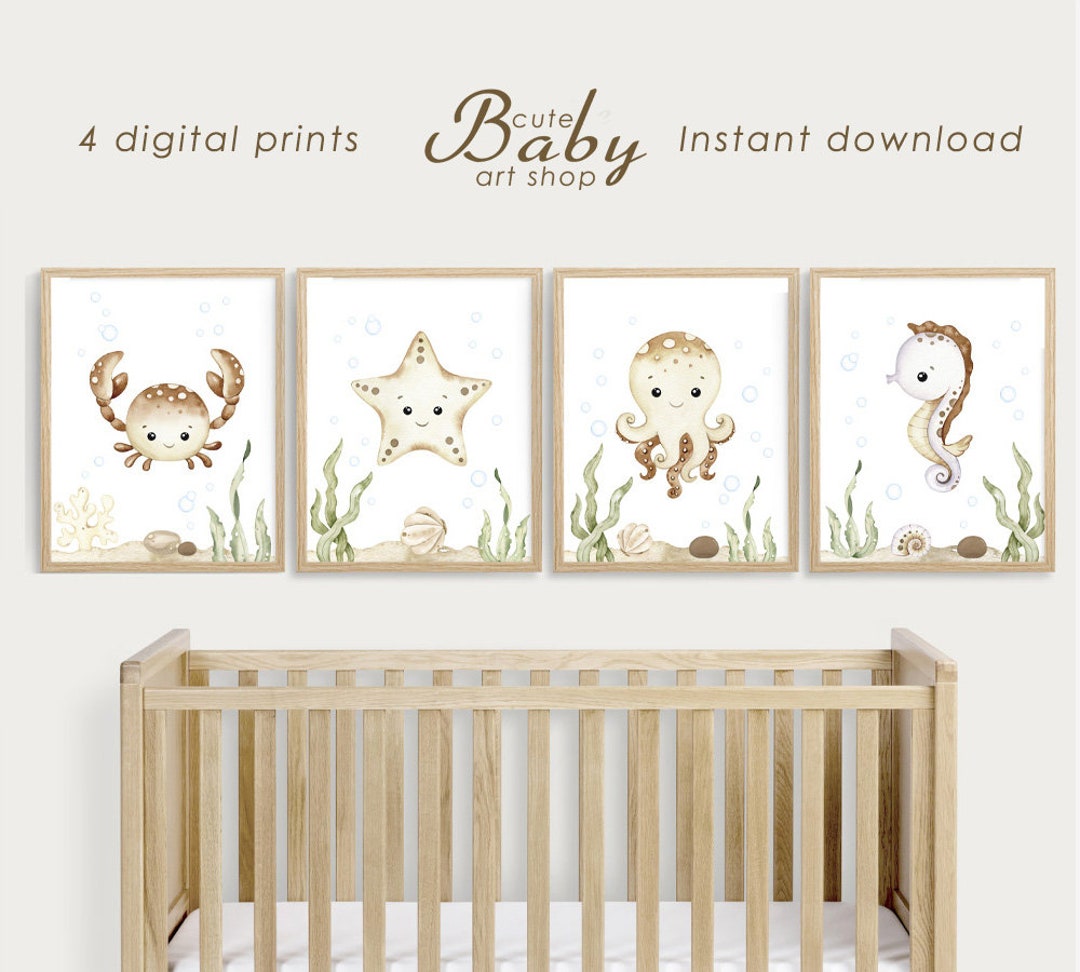 Neutral Under the Sea Prints, Cute Ocean Animals, Nautical Undersea ...