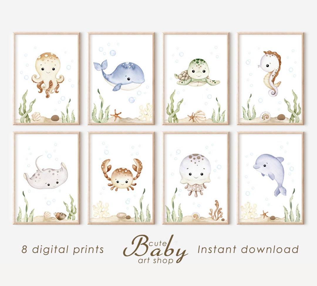 Neutral Under the Sea Prints, Cute Ocean Animals, Nautical Undersea ...