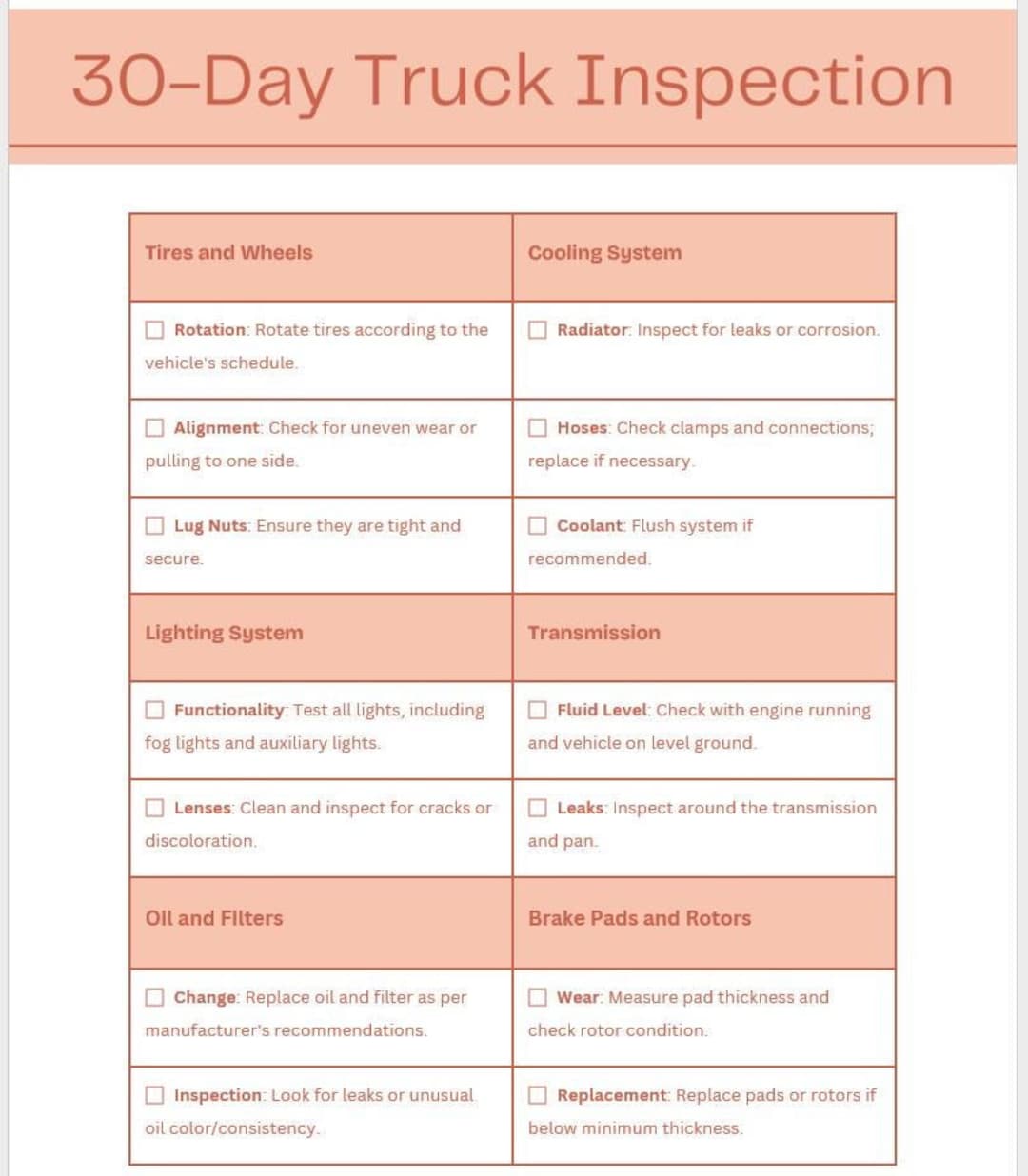 Truck Pre-inspection Checklist and 30-day Inspection - Vhicle Repair ...