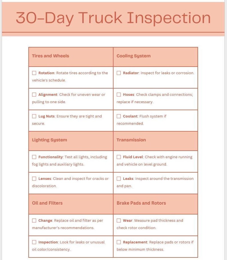 Truck Pre-inspection Checklist and 30-day Inspection - Vhicle Repair ...
