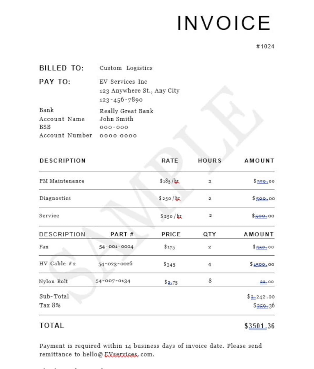EV Parts and Labor Invoice Template - Etsy