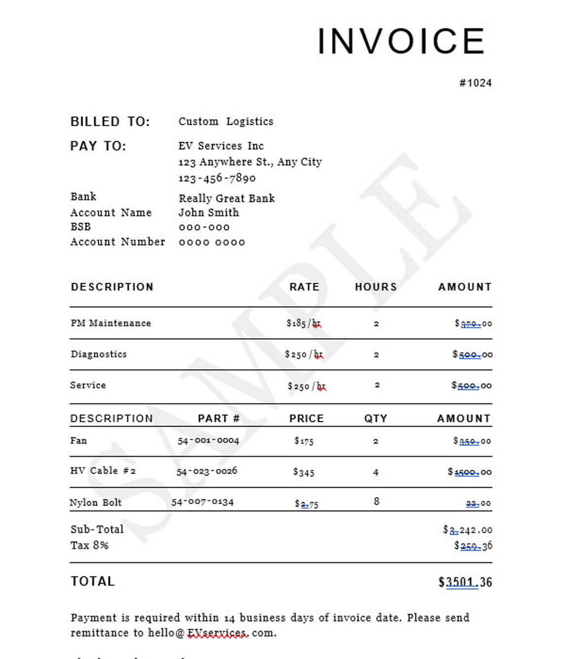 EV Parts and Labor Invoice Template - Etsy