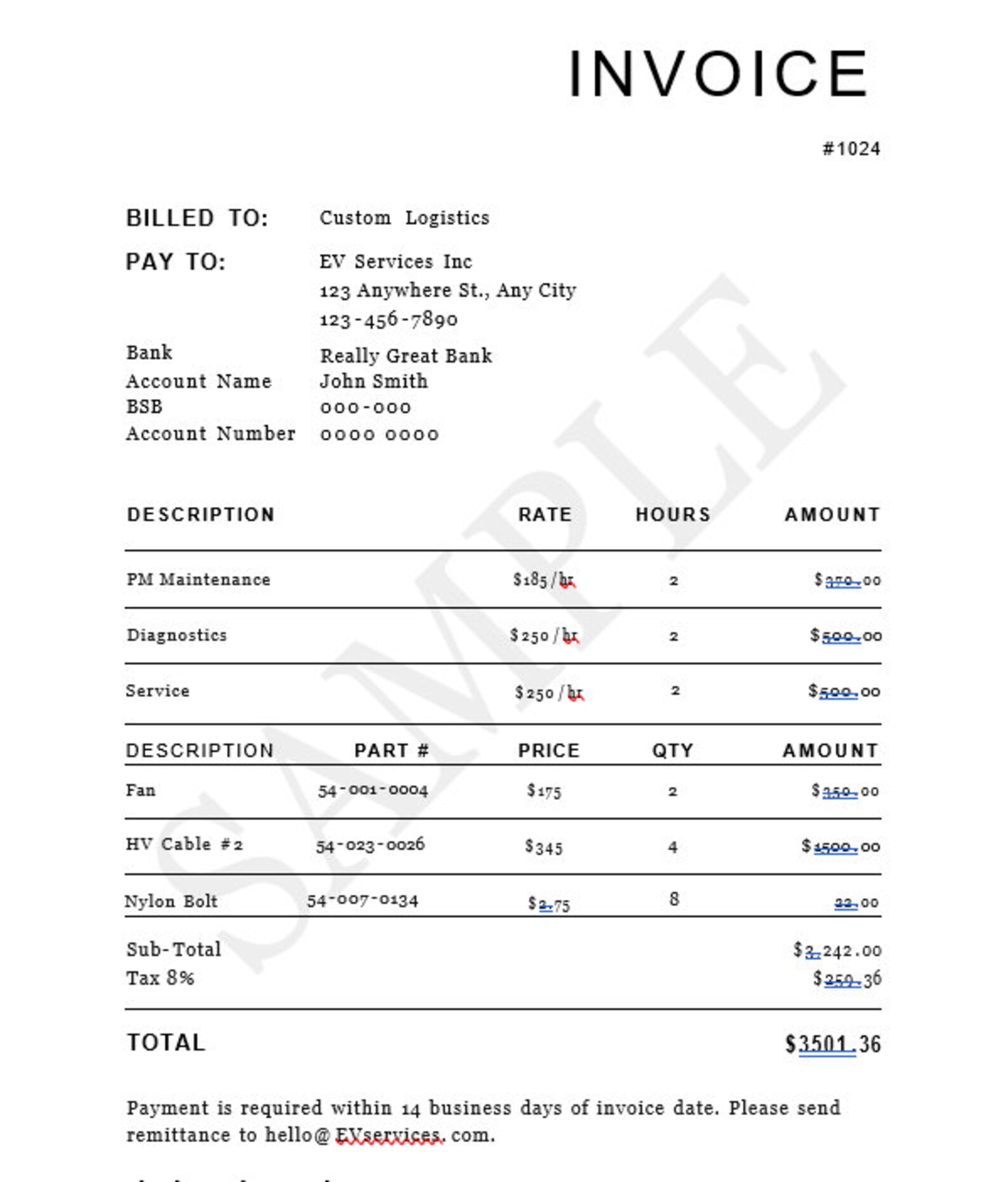 EV Parts and Labor Invoice Template - Etsy
