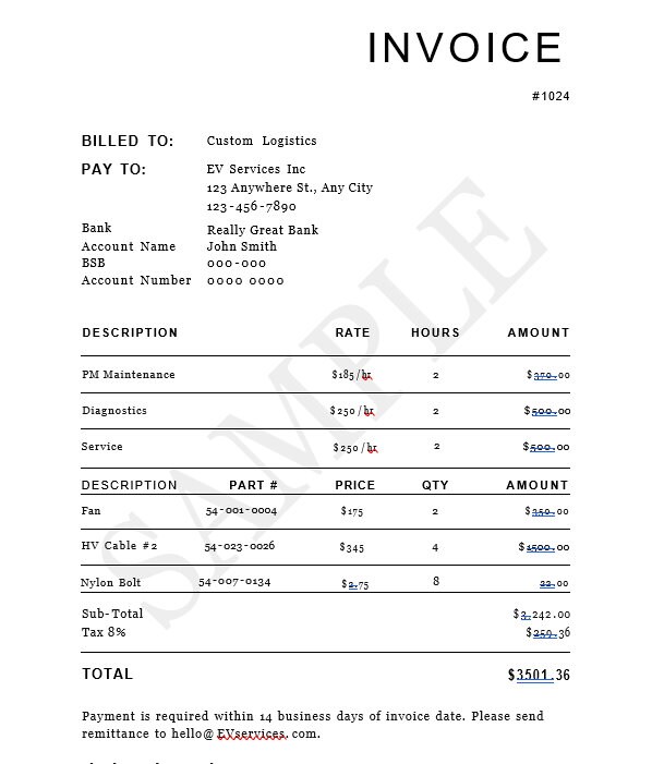 EV Parts and Labor Invoice Template - Etsy