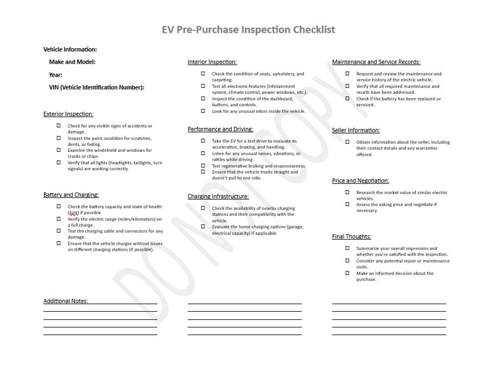 Printable Electric Vehicle Pre-purchase Checklist - CANVA Template ...