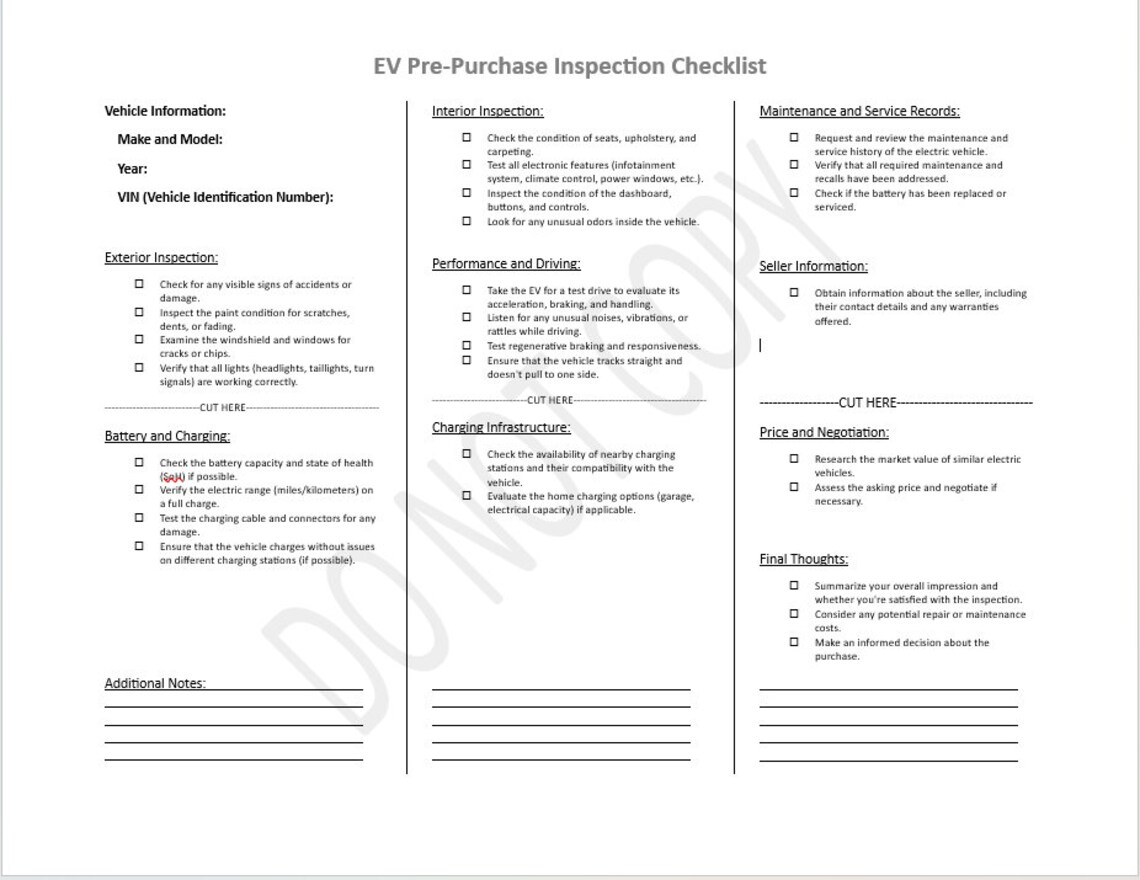 Printable Electric Vehicle Pre-purchase Checklist - CANVA Template ...