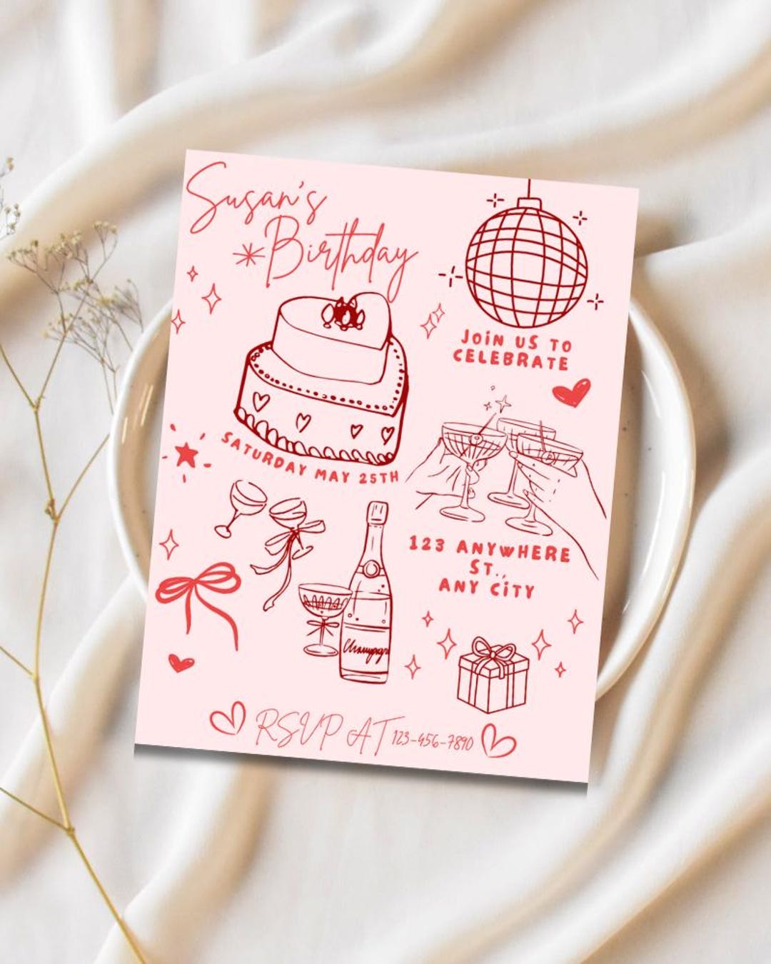 Girls Night Birthday Invitation Template, Pink Red Girly Party Invite ...